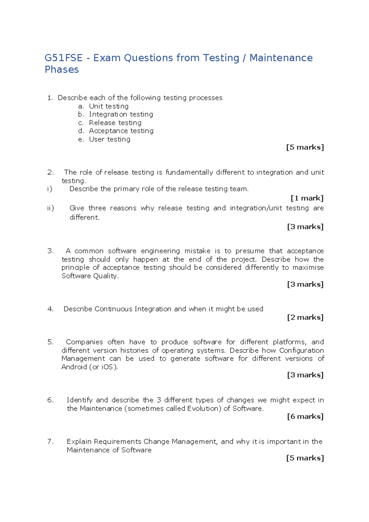 COMP1003-Exam Prep 3 - work - G51FSE - Exam Questions from Testing ...