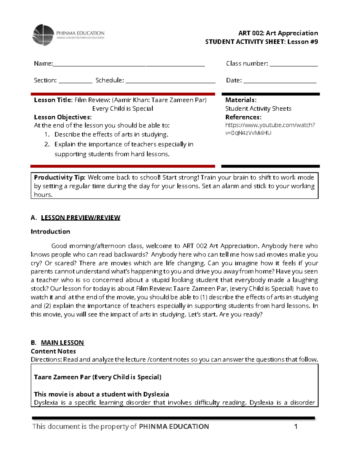 ART 002- Lesson 9 SAS - STUDENT ACTIVITY SHEET: Lesson # - Studocu