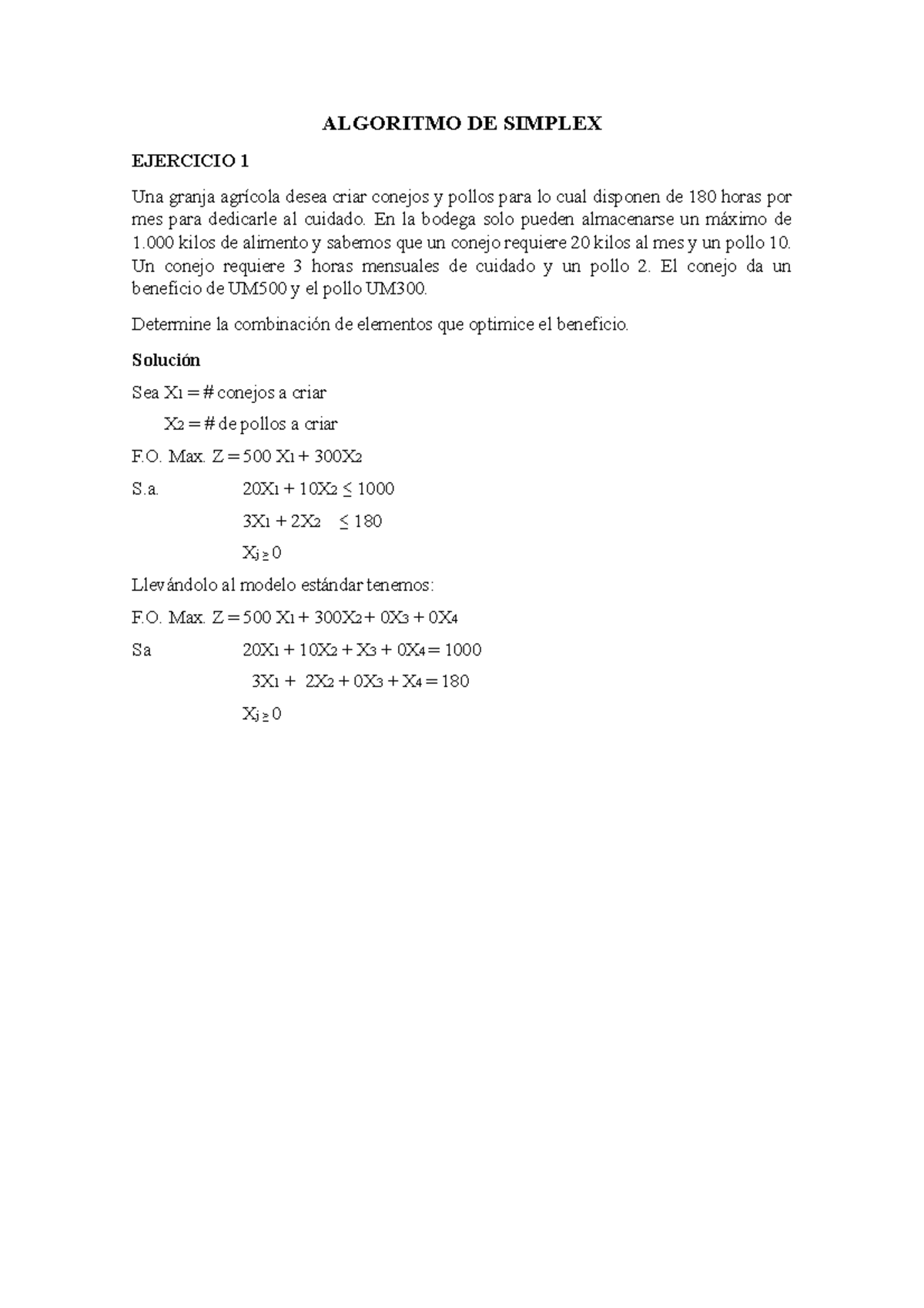 Ejercicios - ... - ALGORITMO DE SIMPLEX EJERCICIO 1 Una granja agrícola desea criar conejos y ...