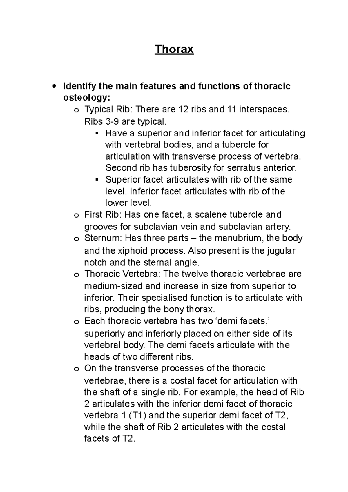 Thorax - Lecture notes 1-20 - Thorax Identify the main features and ...