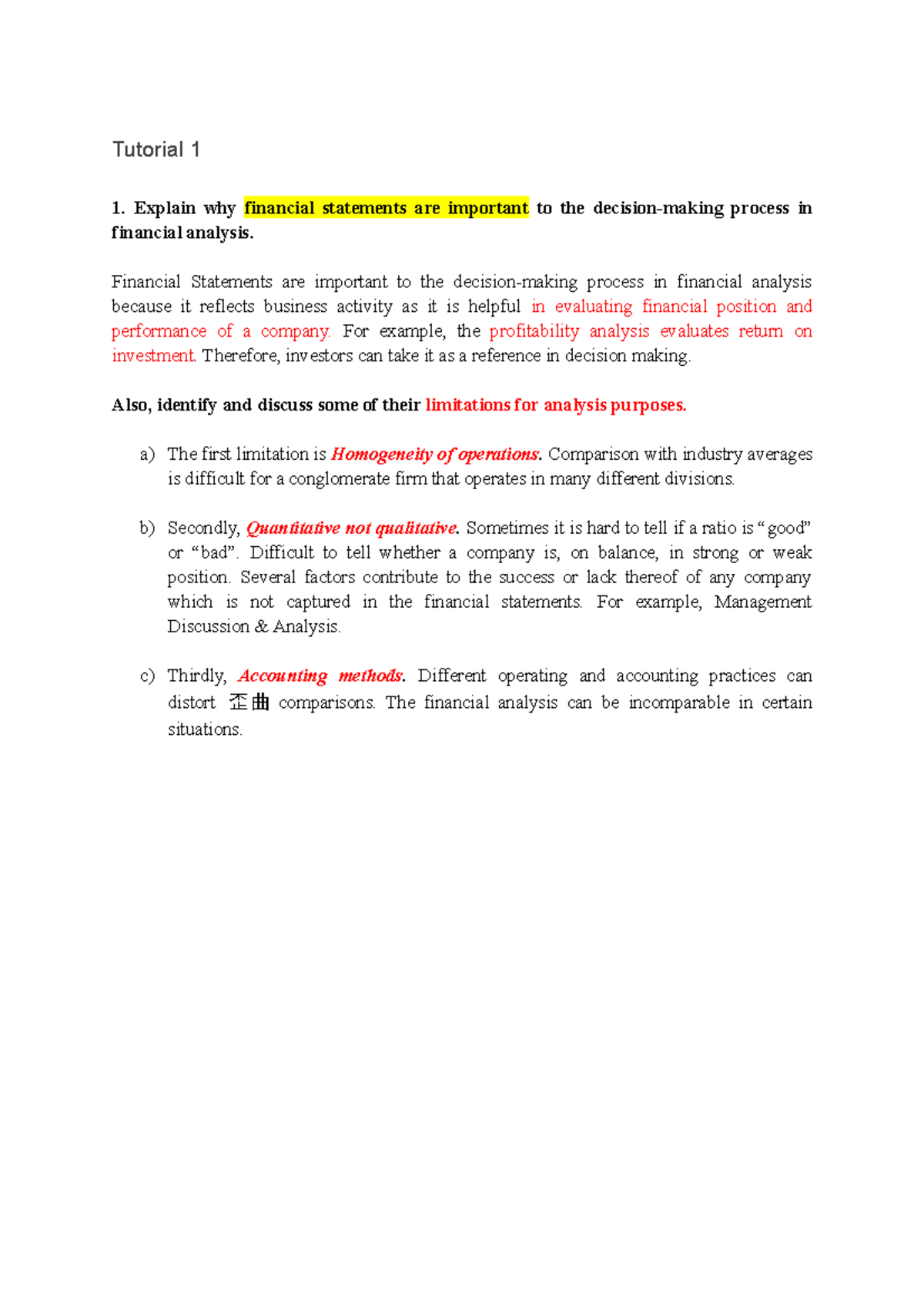 Tutorial 1 - 4 May - 1234 - Tutorial 1 1. Explain why financial statements are important to the ...