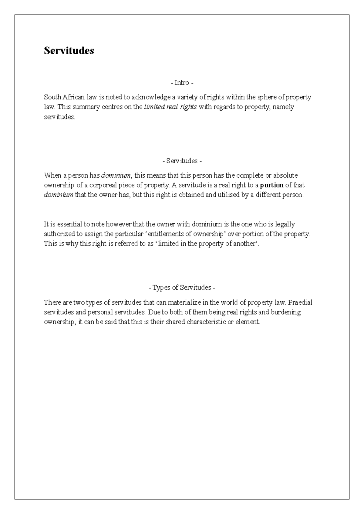 Property Notes - Servitudes - Class Summary - Servitudes Intro - South ...