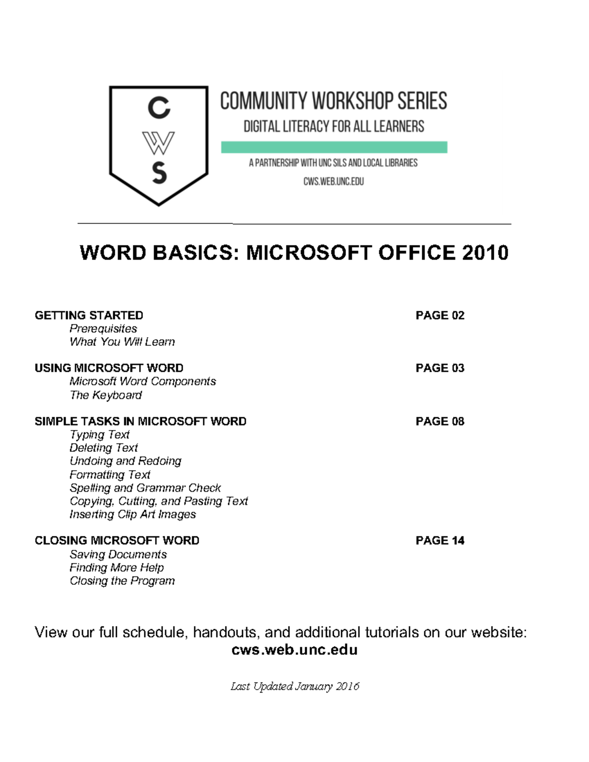 OEL 2 - Last Updated January 2016 WORD BASICS: MICROSOFT OFFICE 2010 ...