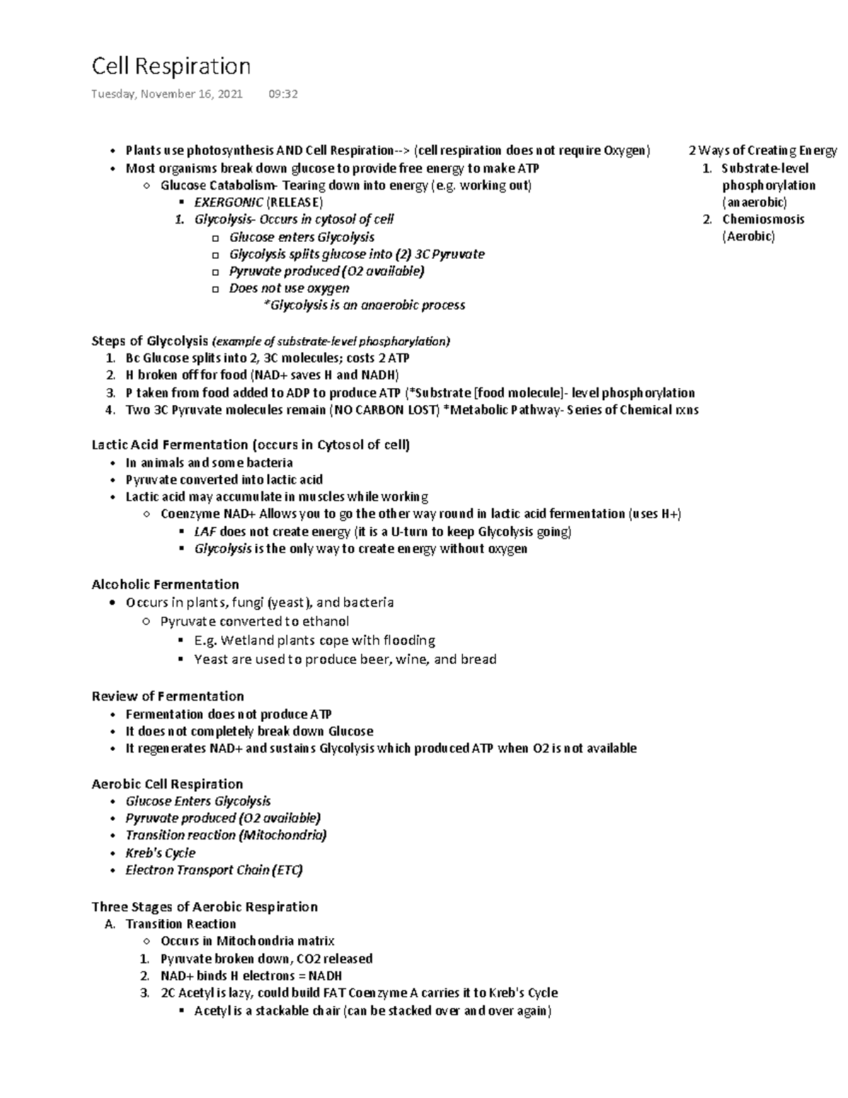 Biology Cell Respiration - ͻ - Studocu