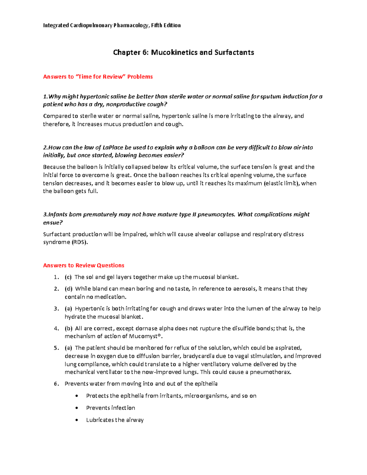 Answers- Chapter 6 (6 - Integrated Cardiopulmonary Pharmacology, Fifth ...