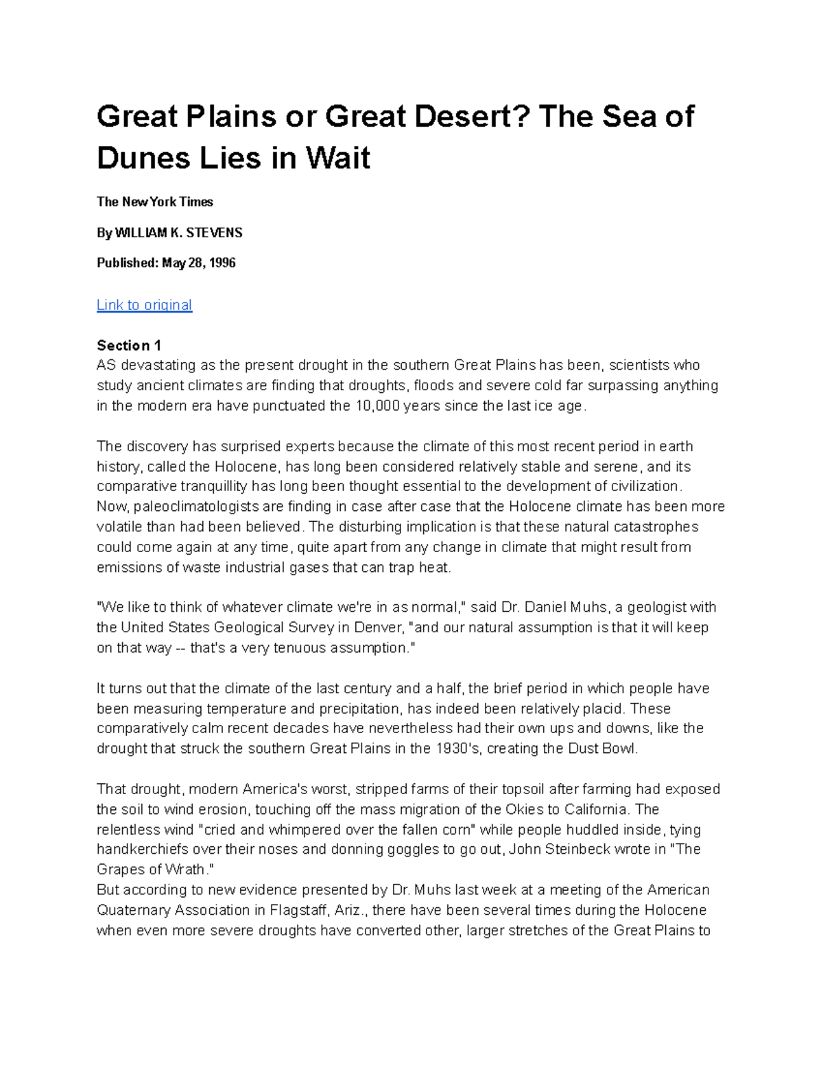 Great Plains or Great Desert - STEVENS Published: May 28, 1996 Link to ...