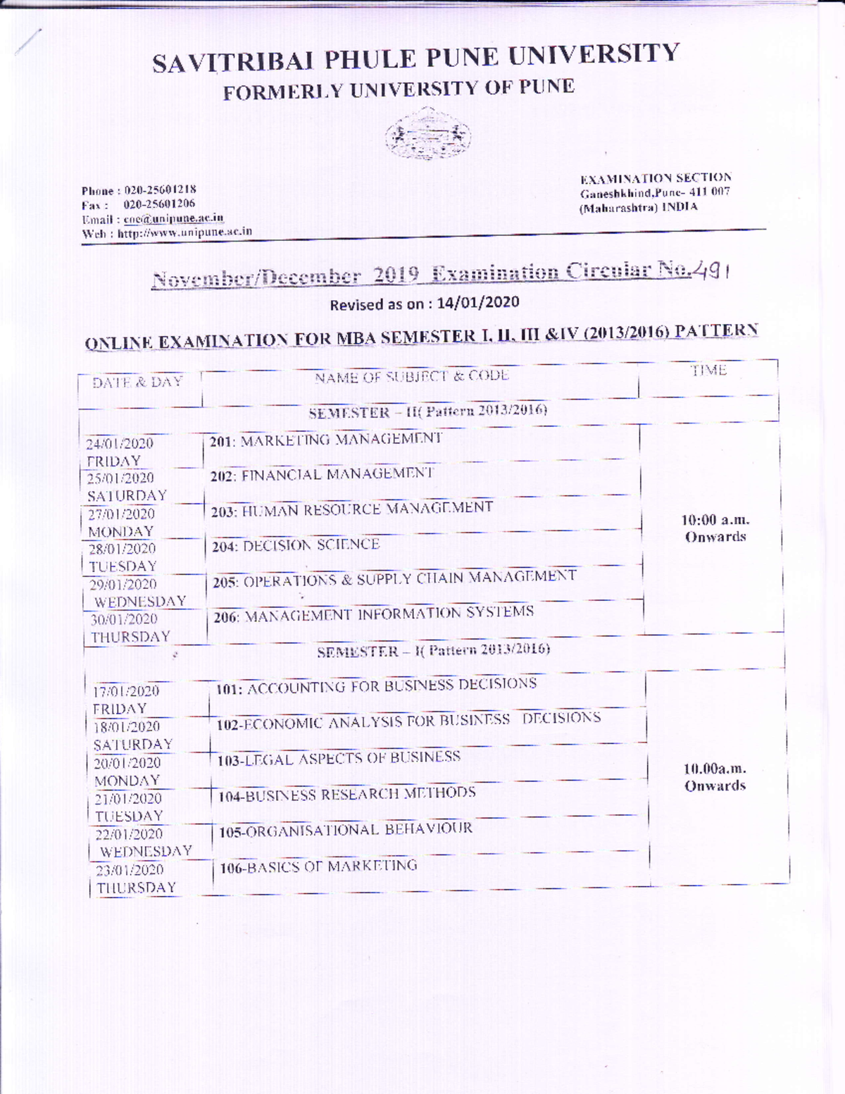 Revised MBA online Exam timetable 14 - *, :- :.:-i::- SAVITRIBAI PT{ULE ...