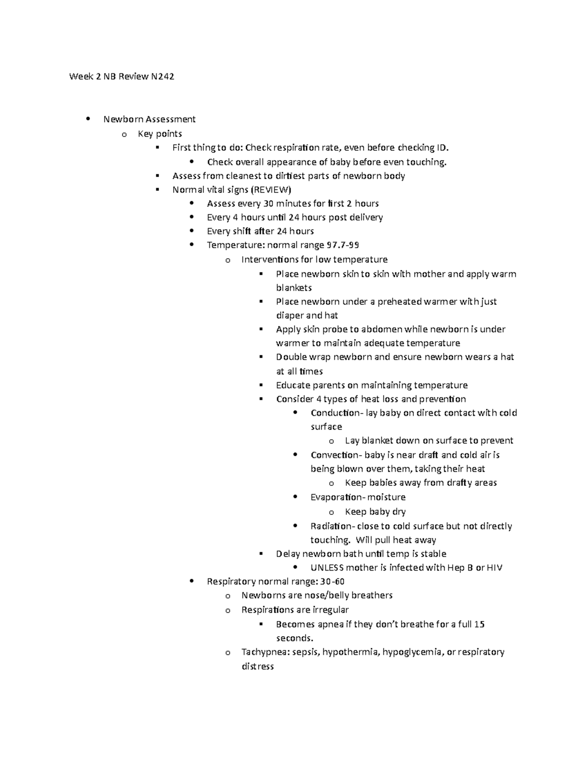 Week 2 NB Review - Summary of week 2 notes - Week 2 NB Review N Newborn ...
