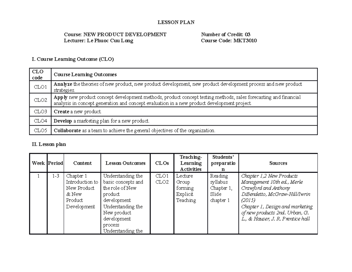 2. Lesson Plan - New product management - New - LESSON PLAN Course: NEW ...