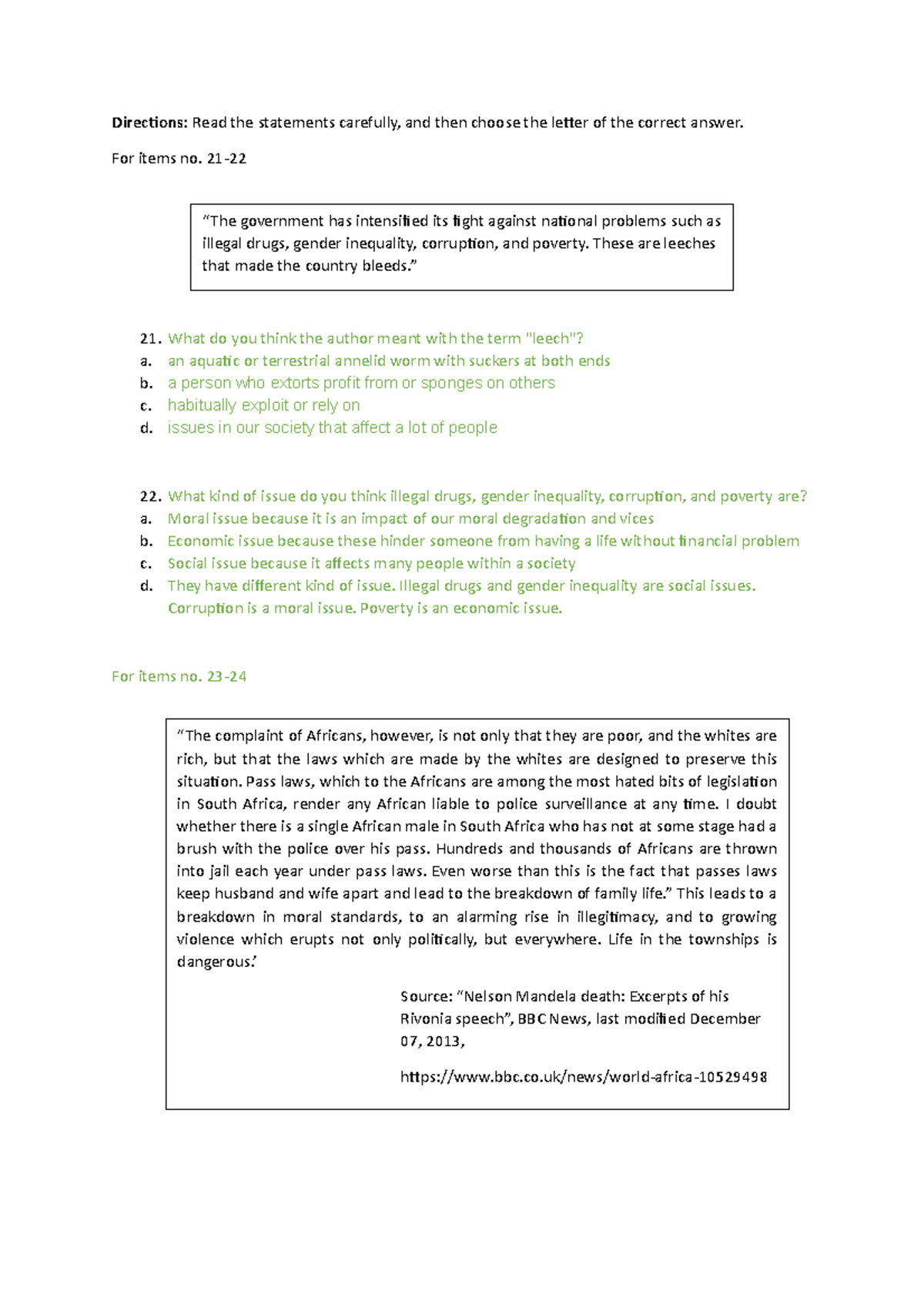 TOS- Questions 21-30 - TOS sample - Directions: Read the statements ...