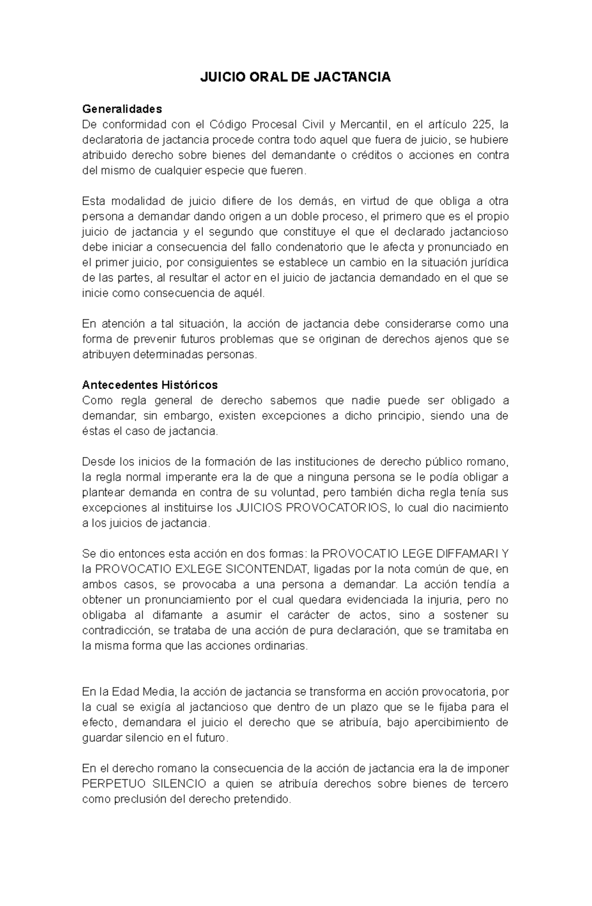 Juicio ORAL DE Jactancia. - JUICIO ORAL DE JACTANCIA Generalidades De ...