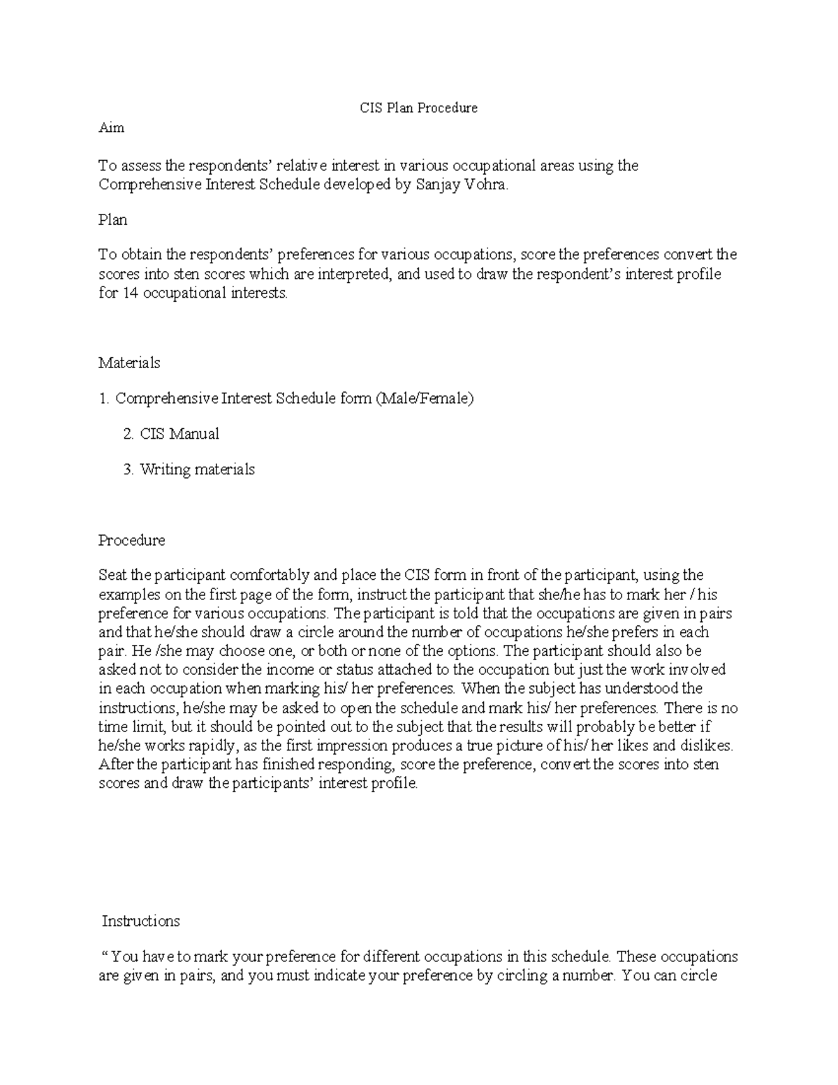 CIS Plan Procedure - nothing - CIS Plan Procedure Aim To assess the ...