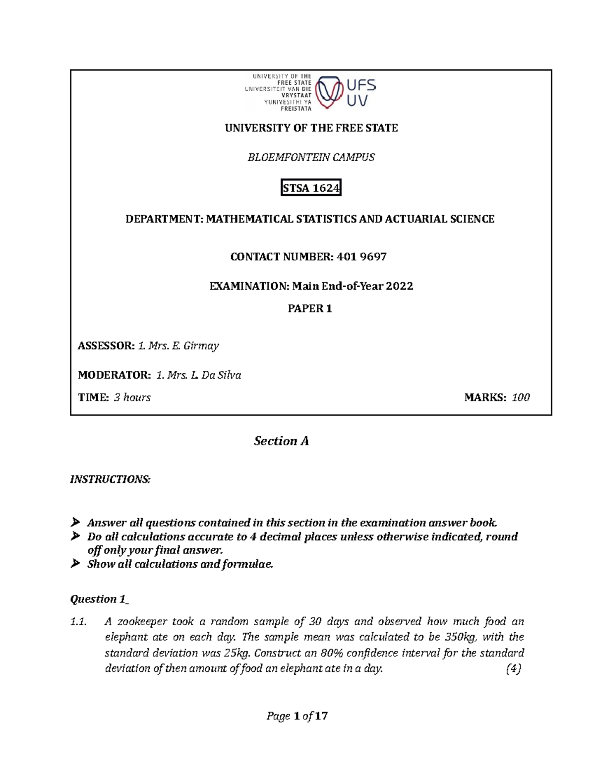 Main Exam - Section A INSTRUCTIONS: Answer all questions contained in ...