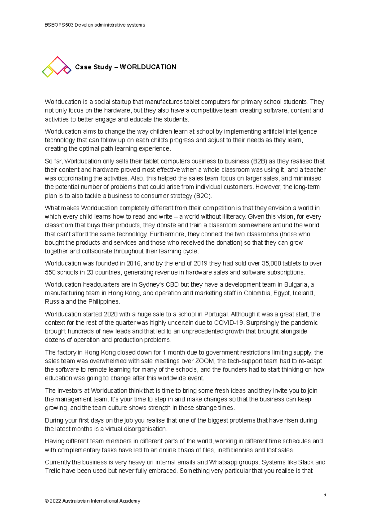Bsbops 503 Simulation Pack - Case Study – WORLDUCATION Worlducation is ...