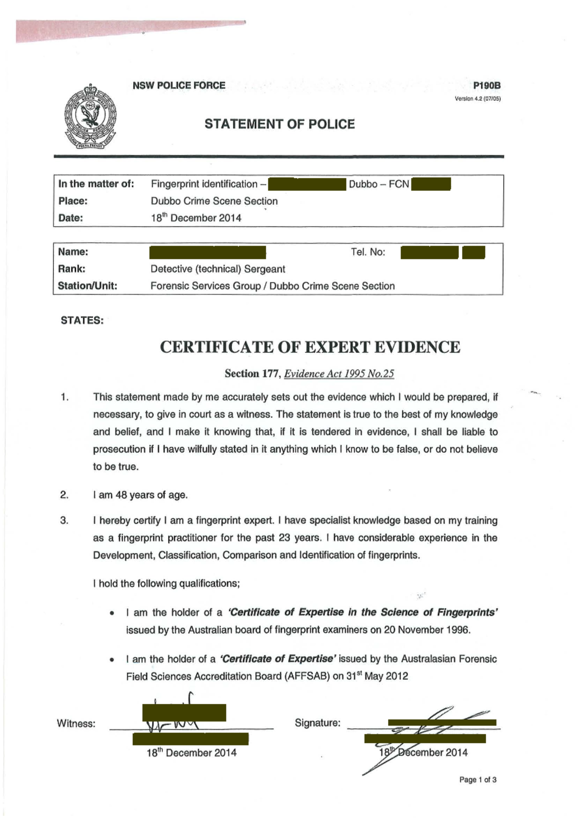 Week 7 Class 2 Redacted Fingerprint Report - NSW POLICE FORCE Version 4 (07/05) STATEMENT OF ...