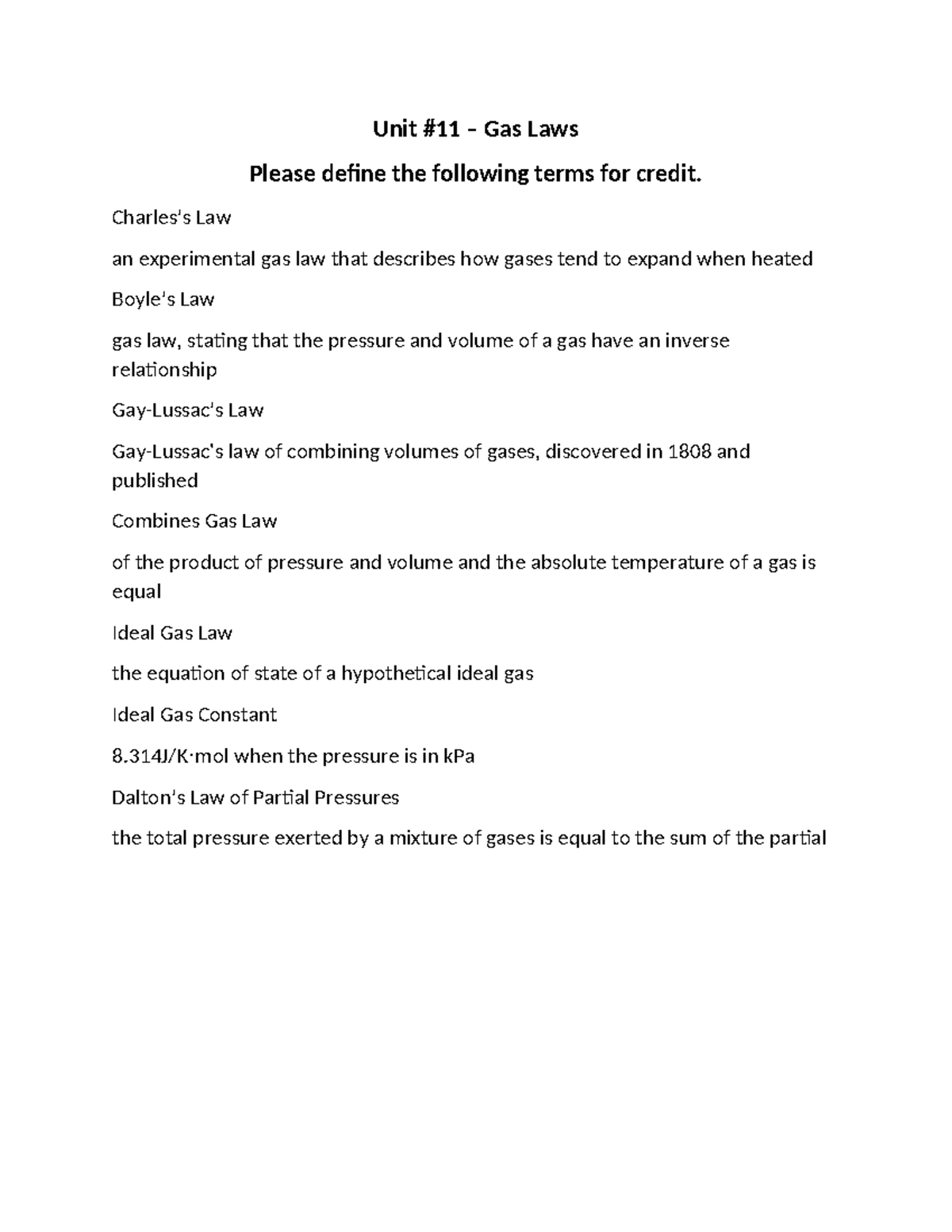 Gas Laws Vocabulary - oioioio - Unit #11 – Gas Laws Please define the ...