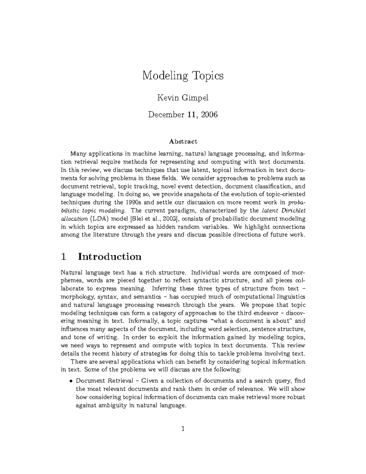 Literature review - Modeling Topics - Modeling Topics Kevin Gimpel ...