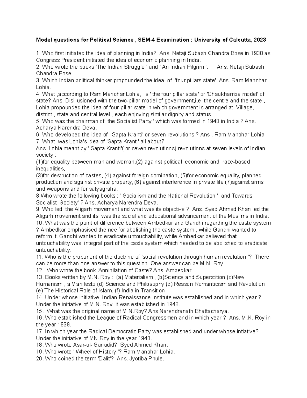 Model questions for Political Science , SEM-4 Examination - University ...