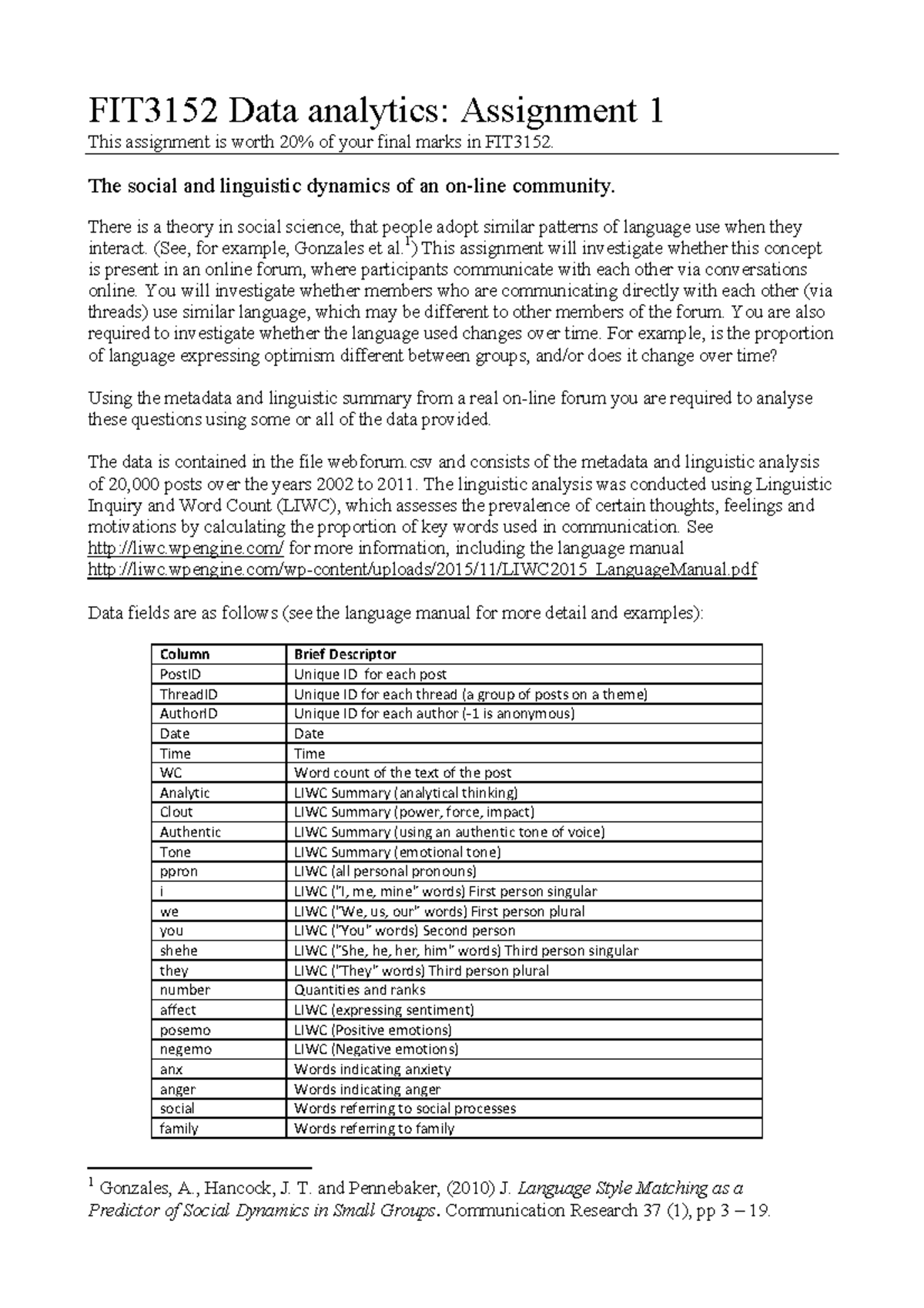 FIT3152 Assignment 01 2018 - FIT3152 Data analytics: Assignment 1 This assignment is worth 20% ...