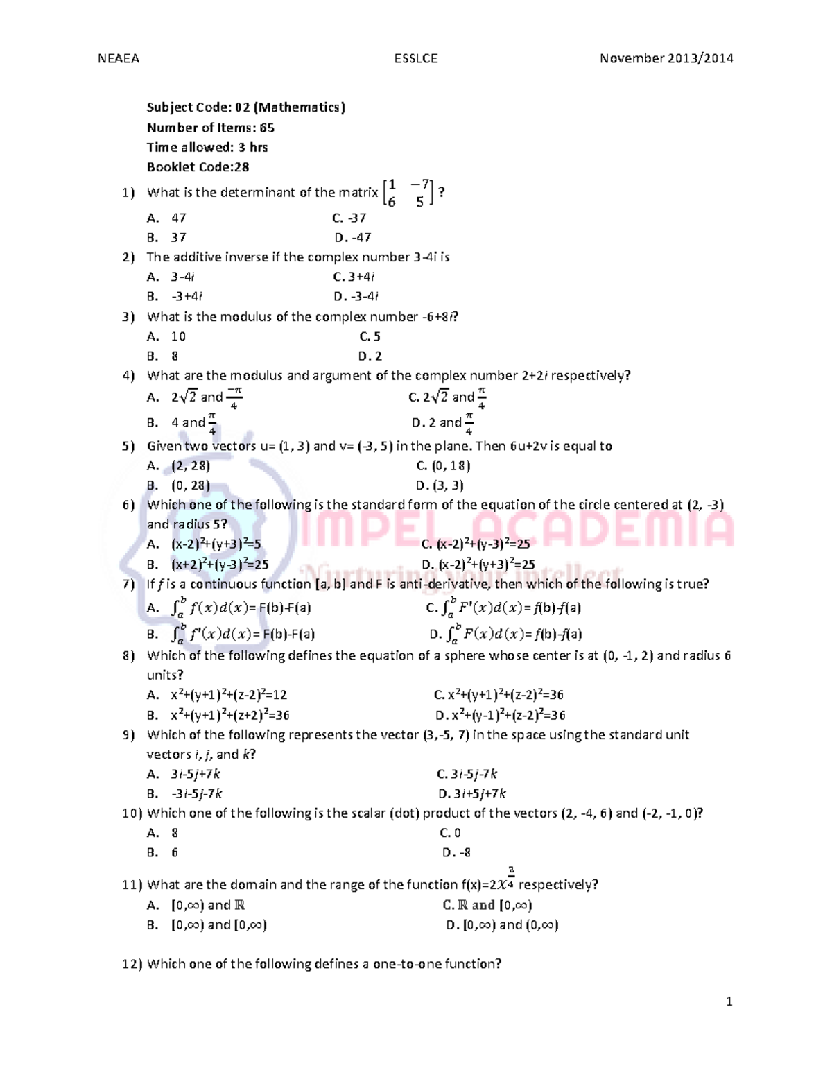 Entrance Exam Mathematics - Subject Code: 02 (Mathematics) Number of ...