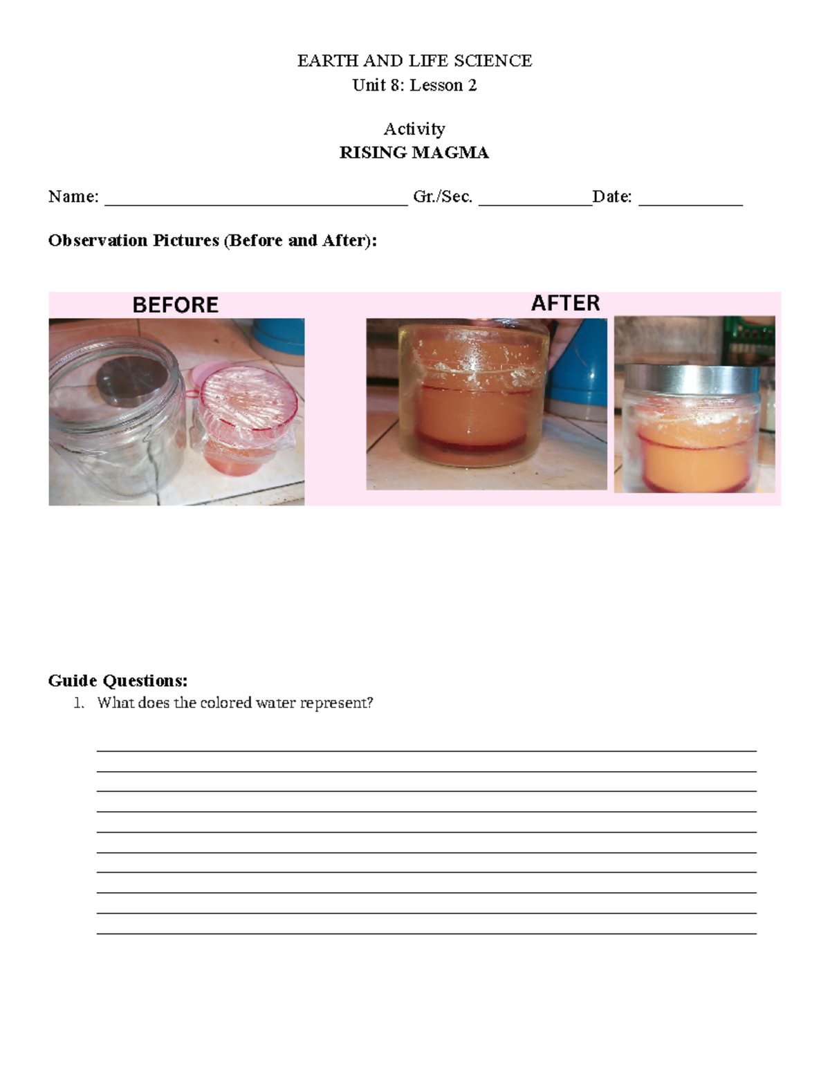 Activity 8 - EARTH AND LIFE SCIENCE Unit 8: Lesson 2 Activity RISING ...