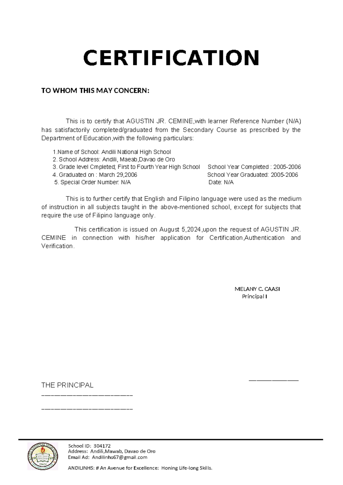 MOI Certificate - none - CERTIFICATION TO WHOM THIS MAY CONCERN: This ...