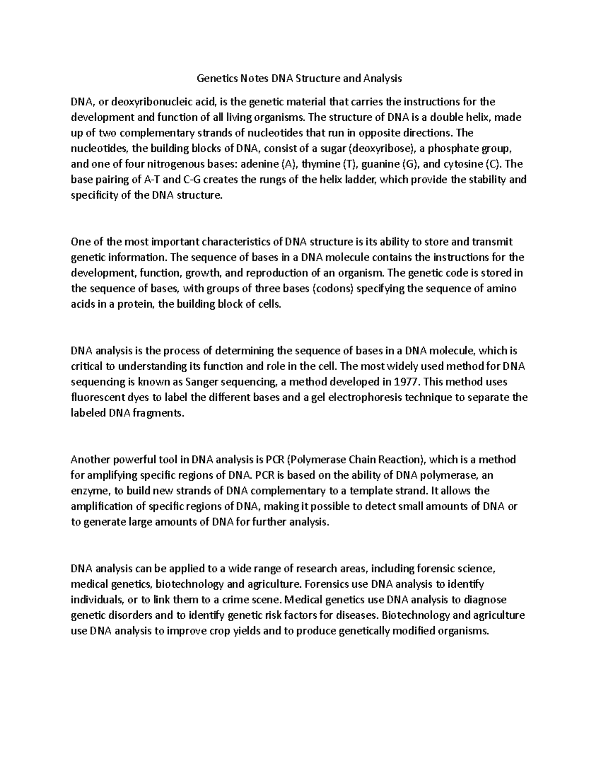 Genetics Notes DNA Structure and Analysis 1 - The structure of DNA is a ...