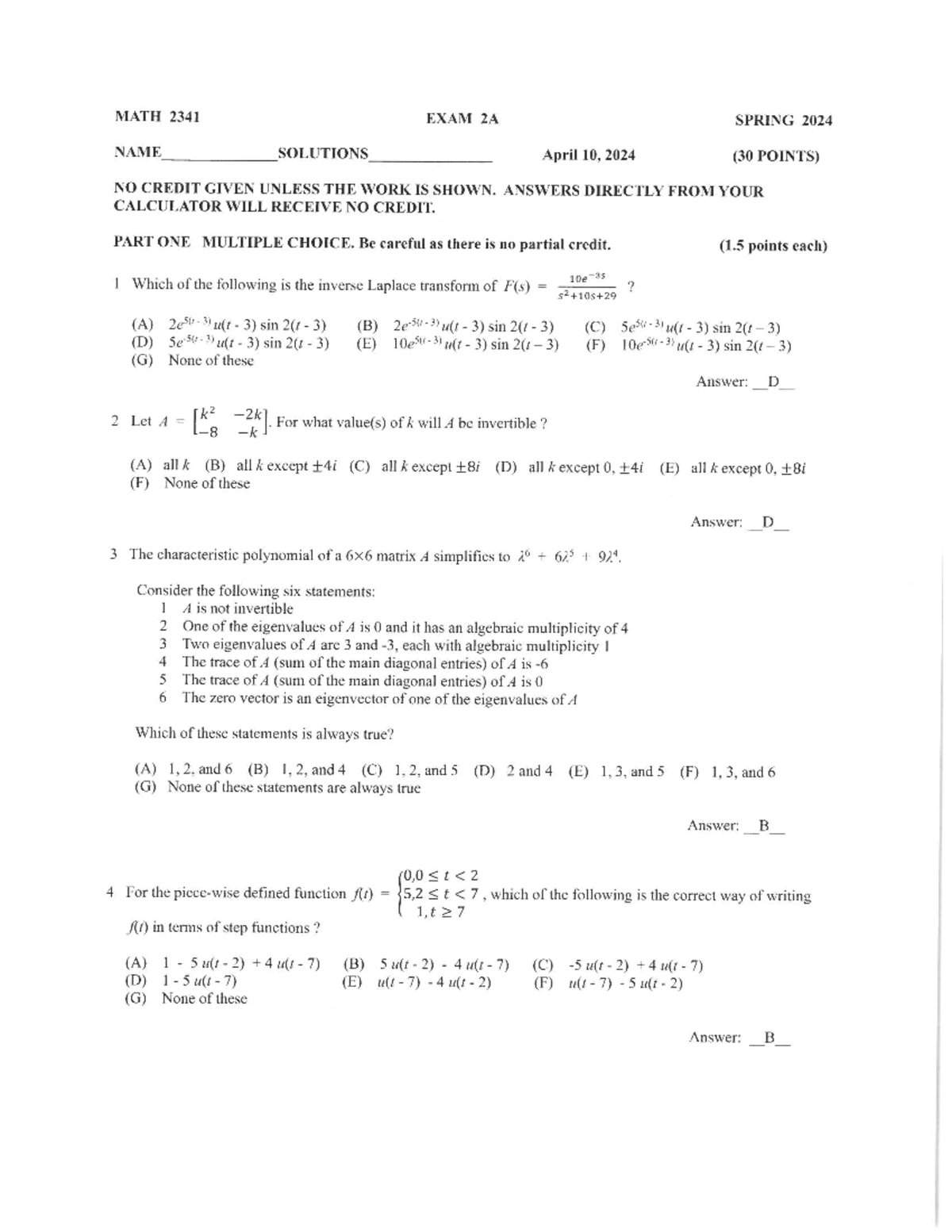 Exam2Solutions SP 24 - Exam 2 solutions/guide - MATH 2341 - Studocu