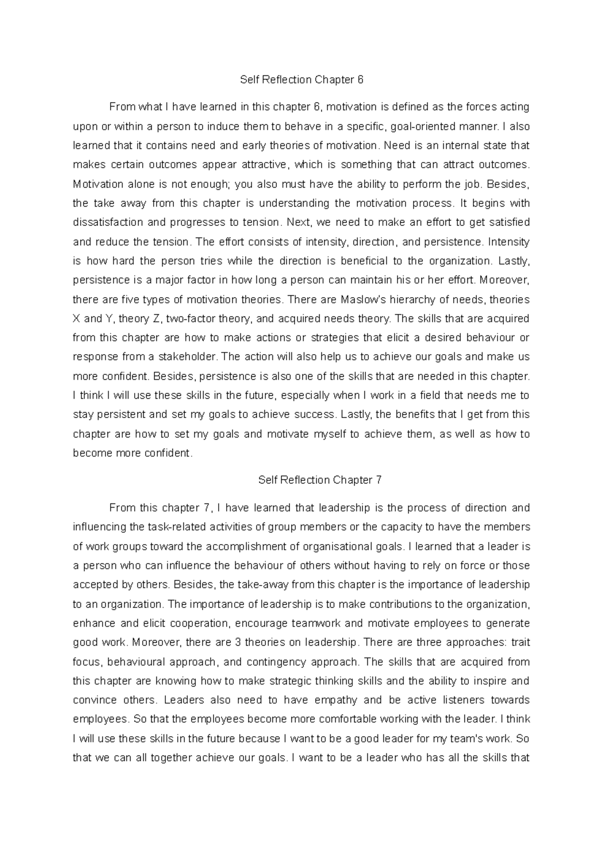 Self Reflection Chapter 6 and Chapter 7 - Self Reflection Chapter 6 ...