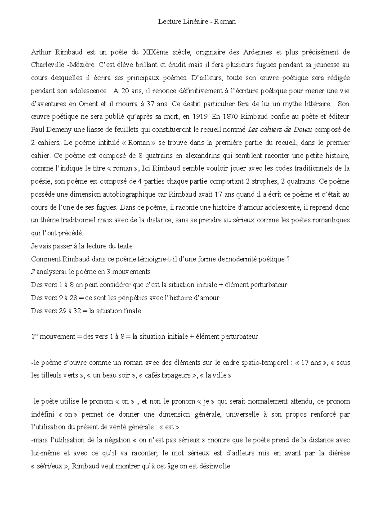 Lecture Lineaire Roman - Lecture Linéaire - Roman Arthur Rimbaud est un ...