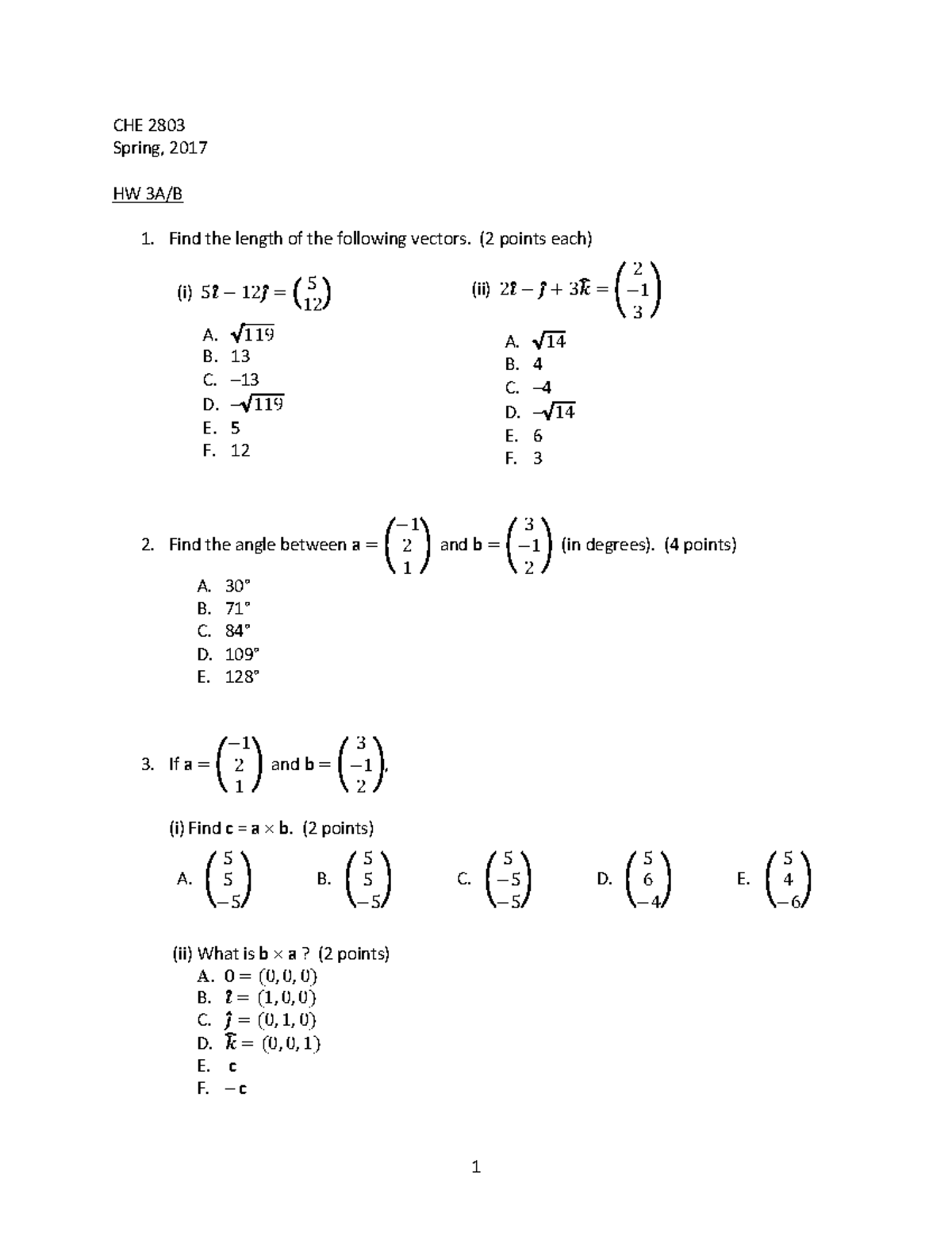 HW 3AB-printable - Vectors, Matrices, and Vector Spaces - CHE 2803 ...