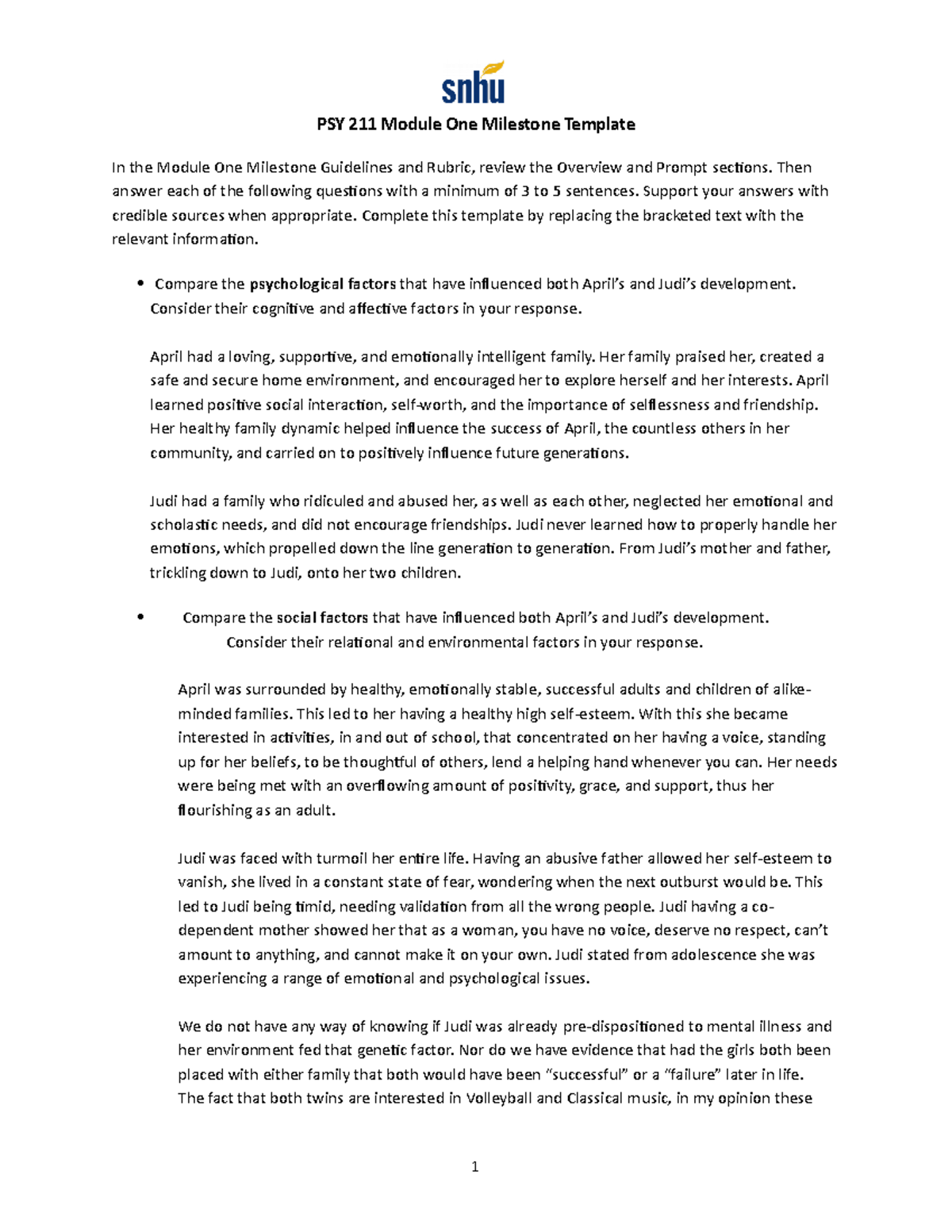 PSY 211 Module One Milestone Template - Studocu