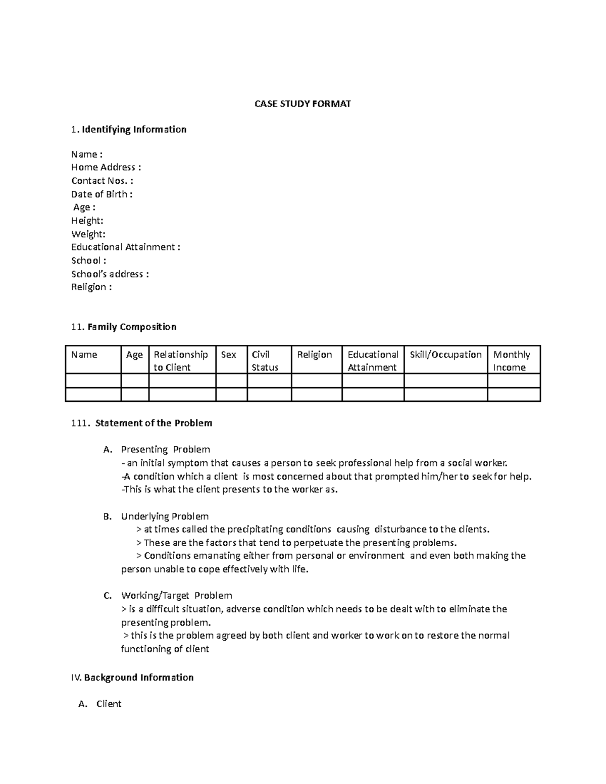 CASE Study Format - CASE STUDY FORMAT Identifying Information Name ...