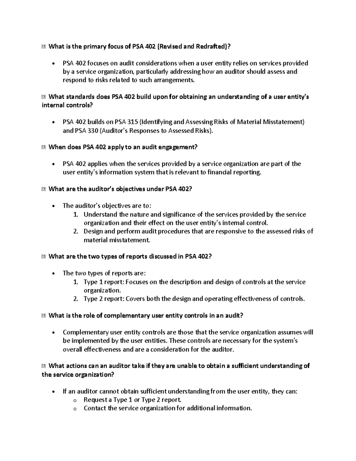 Audit theories mats - What is the primary focus of PSA 402 (Revised and ...