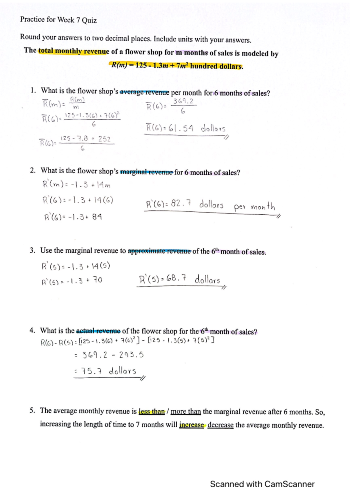 MATH 115 Marginal Analysis Practice Quiz - MATH 115Z - Studocu
