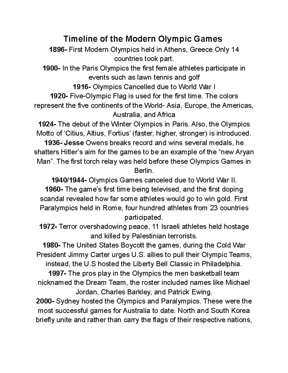 Timeline of the Modern Olympic Games - 1900- In the Paris Olympics the ...