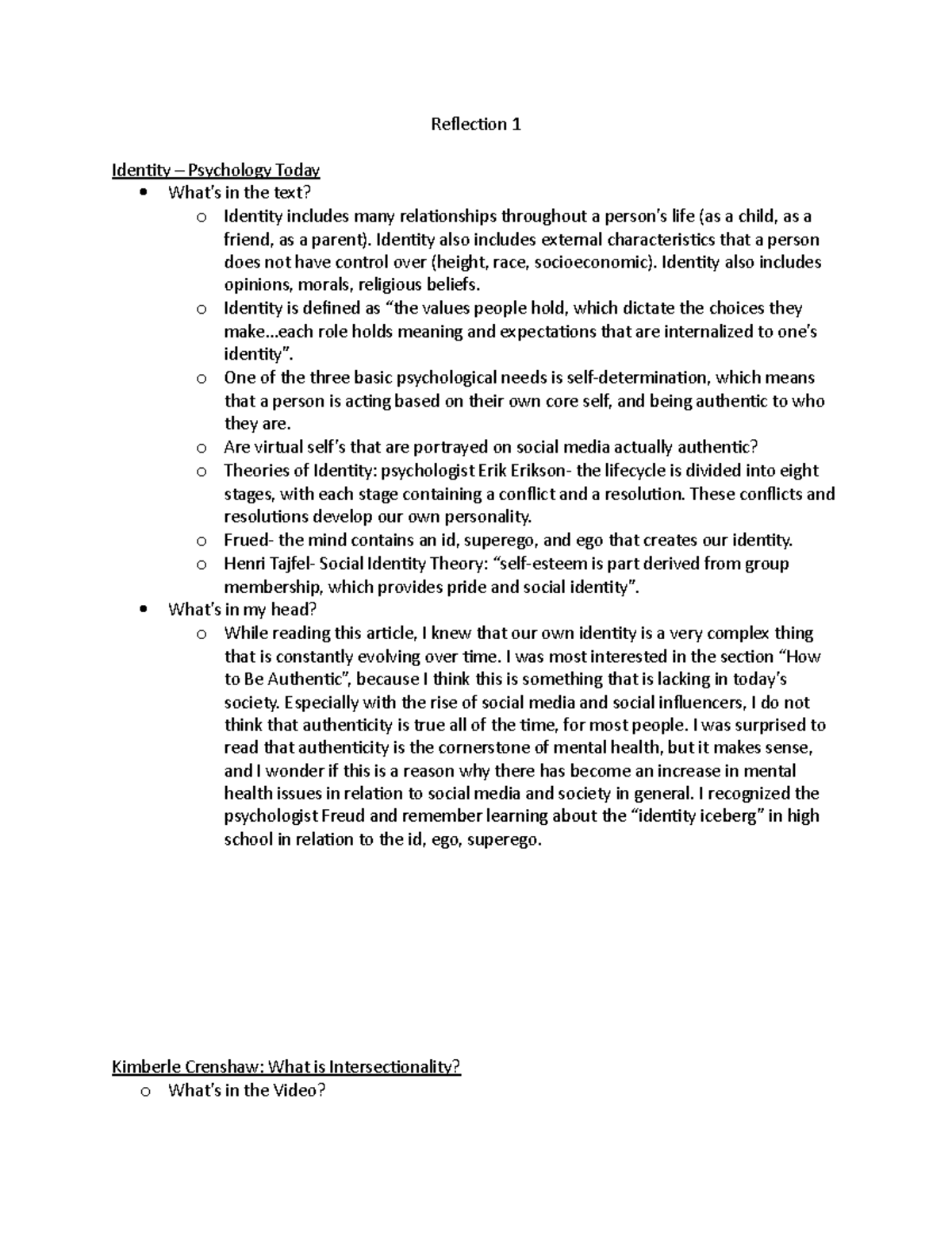Reflection 1 - Identity also includes external characteristics that a ...