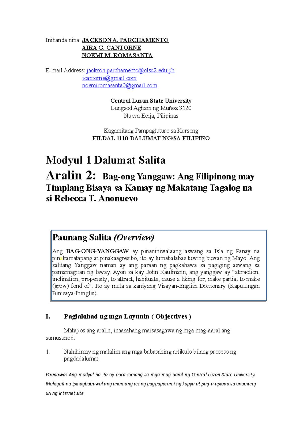 Fildal 1110 Modyul 1 Aralin 2 Bagong Yanggao - Inihanda nina: JACKSON A ...