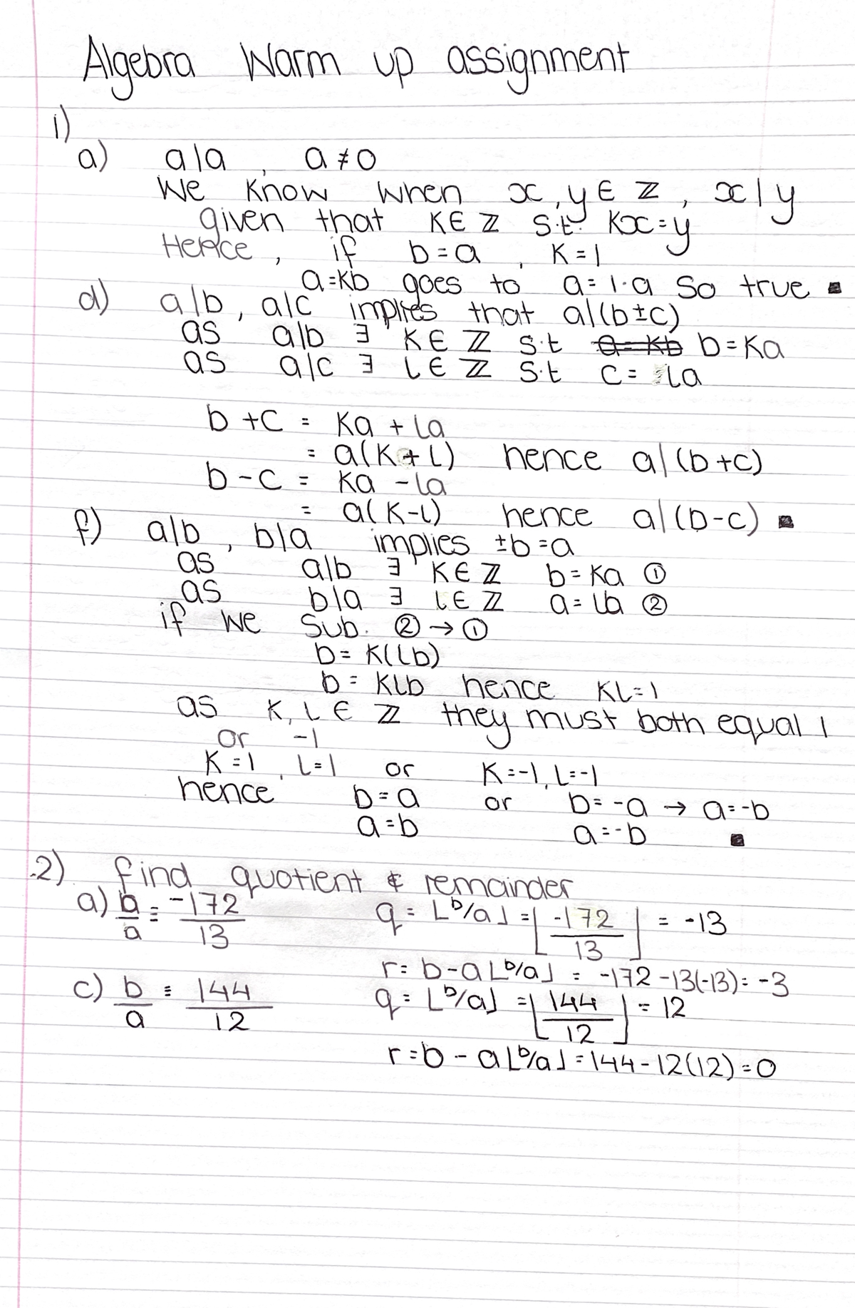 Algebra Week 2 Algebra warm up assignment Q1,2 - Algebra Warm up ...