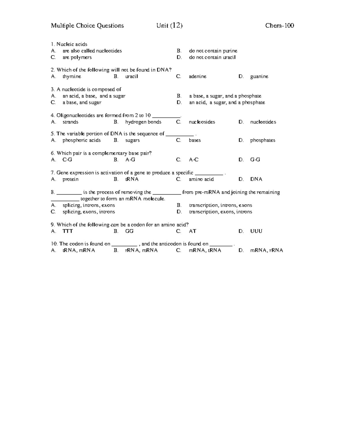 Possible Question SU 2 - Multiple Choice Questions Unit ( 12 ) Chem- 1 ...