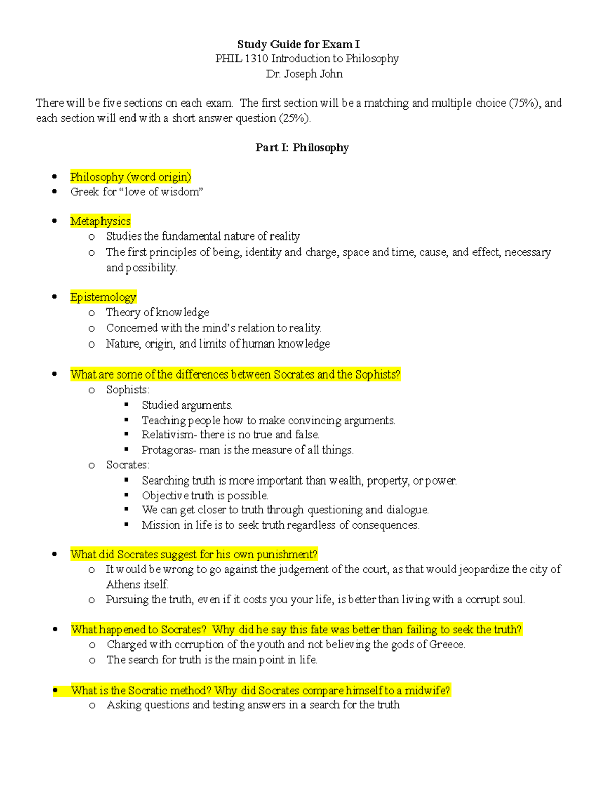 Study Guide for Exam I PHIL 1310 Introduction to Philosophy - Studocu