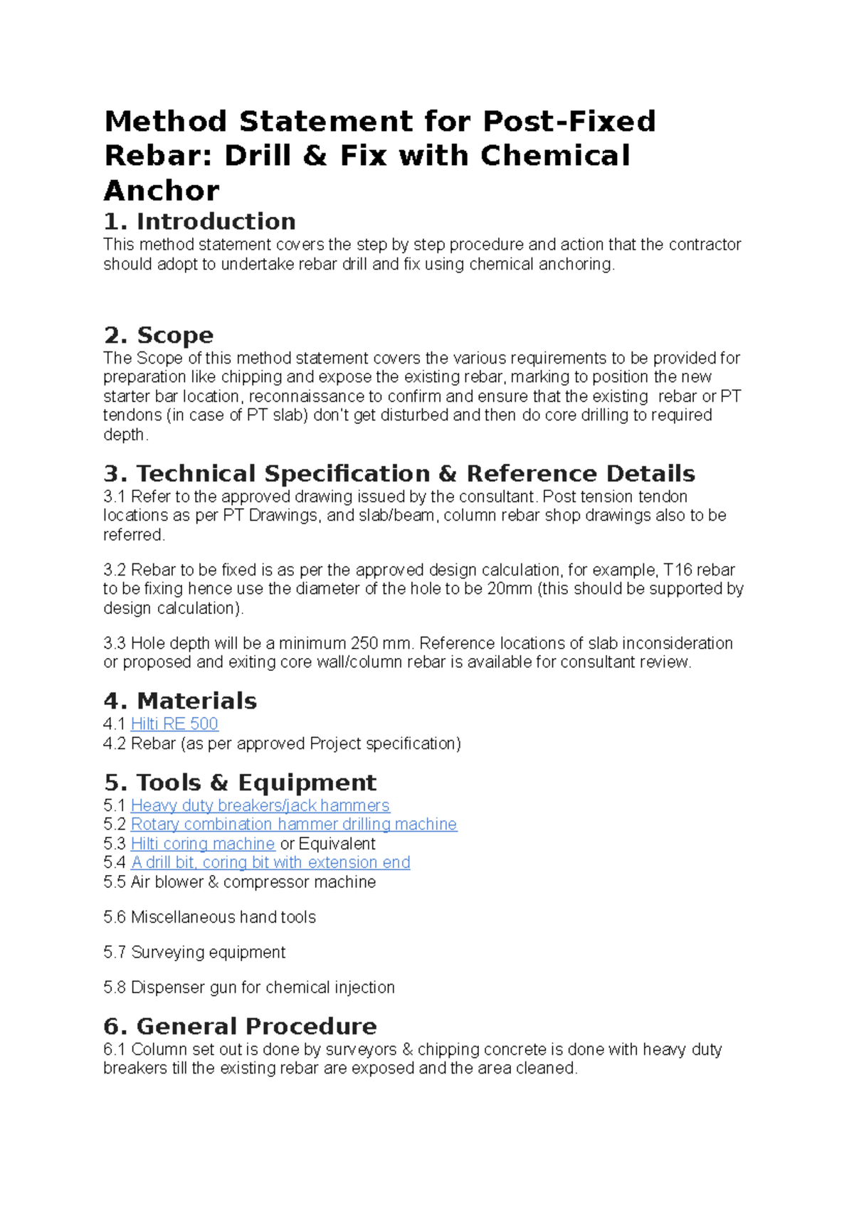 Method Statement for Post Rebar - Method Statement for Post-Fixed Rebar ...