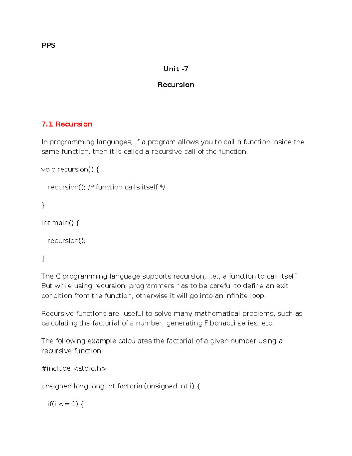 Pps 7 Recursion Recursion As A Different Way Of Solving Problems