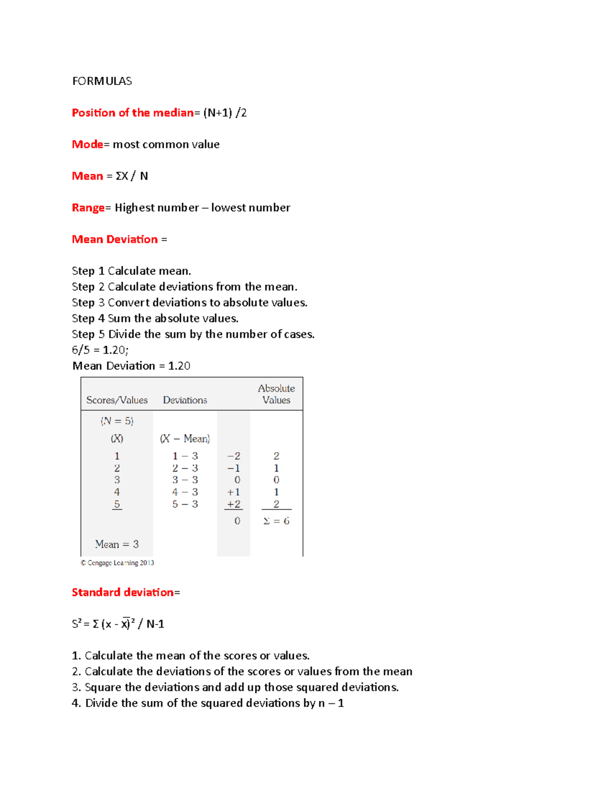 Formulas - FORMULAS Position of the median = (N+1) / Mode = most common ...