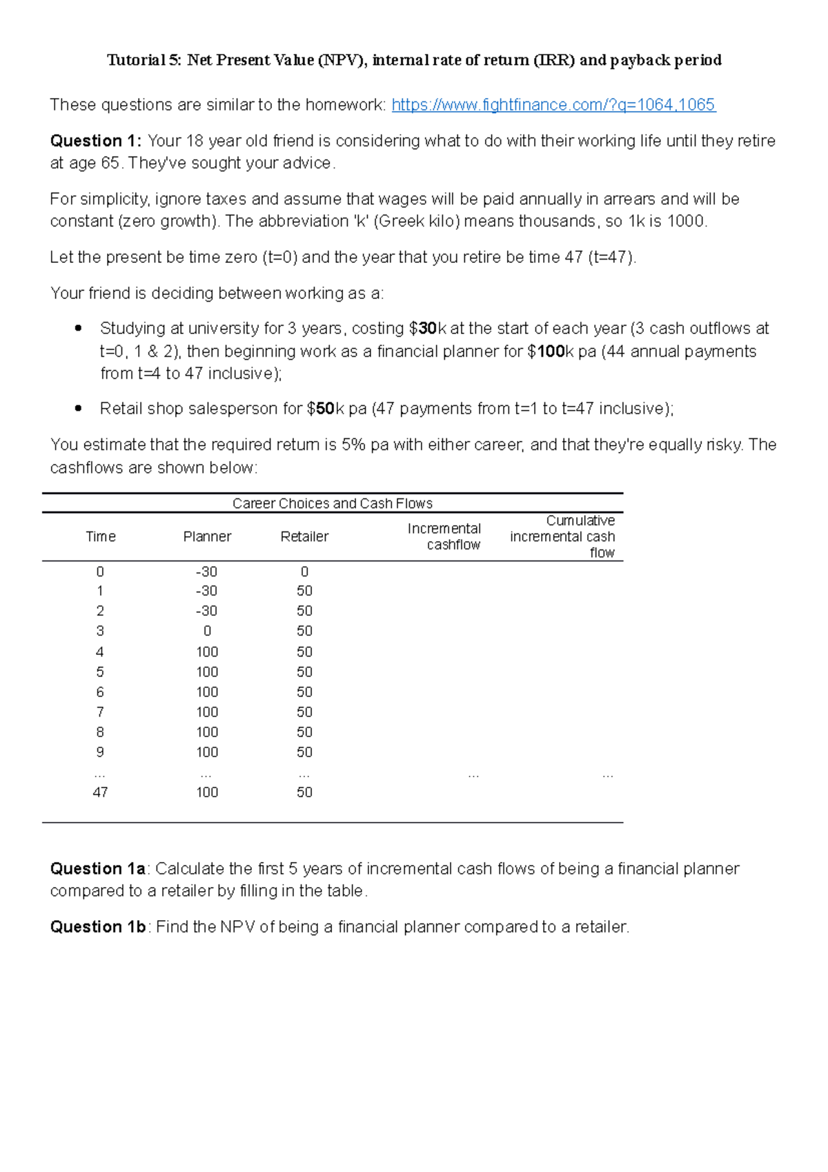 5 tutorial questions - finance - Tutorial 5: Net Present Value (NPV ...