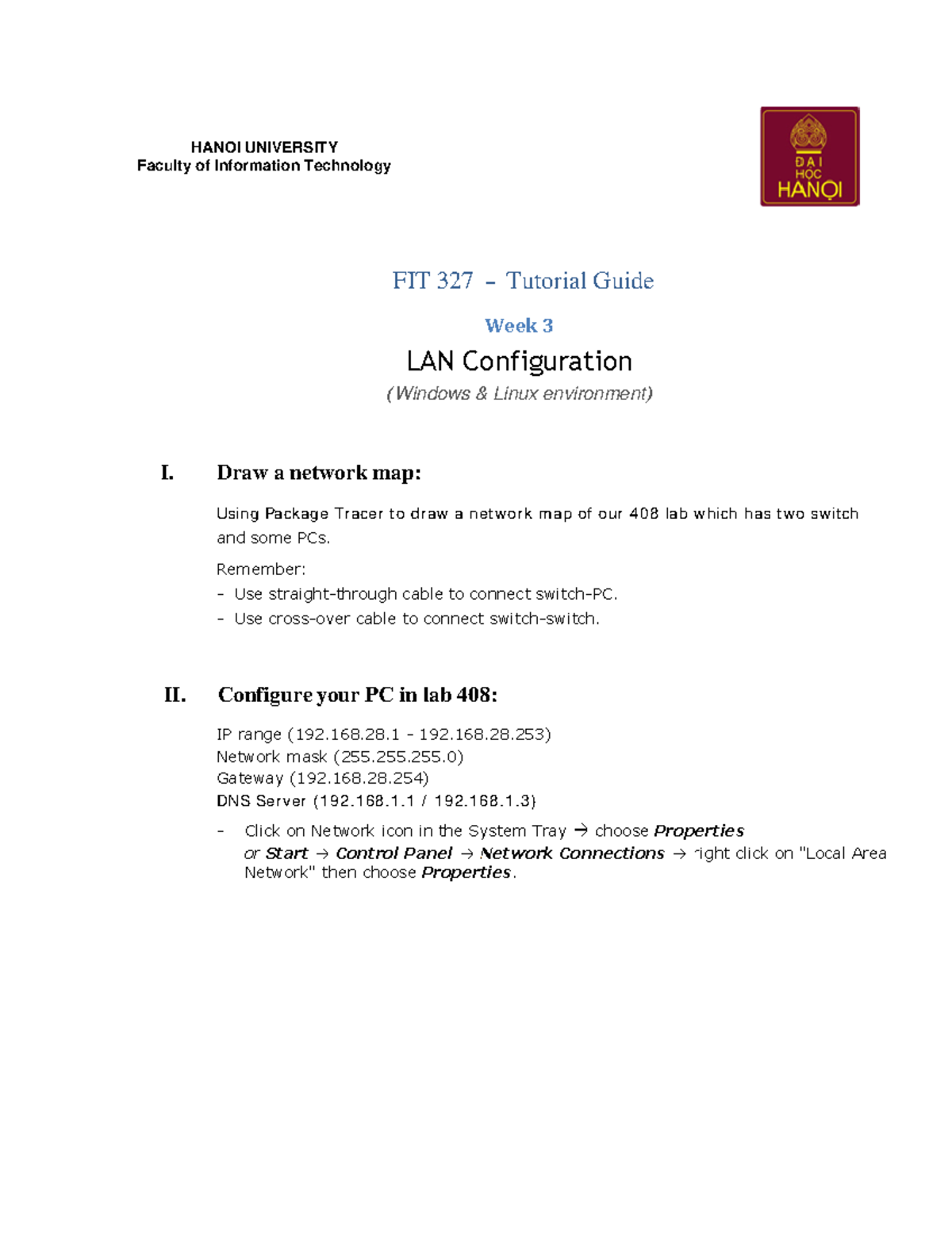 Tutorial 3 Real LAN Configuration - HANOI UNIVERSITY Faculty of ...