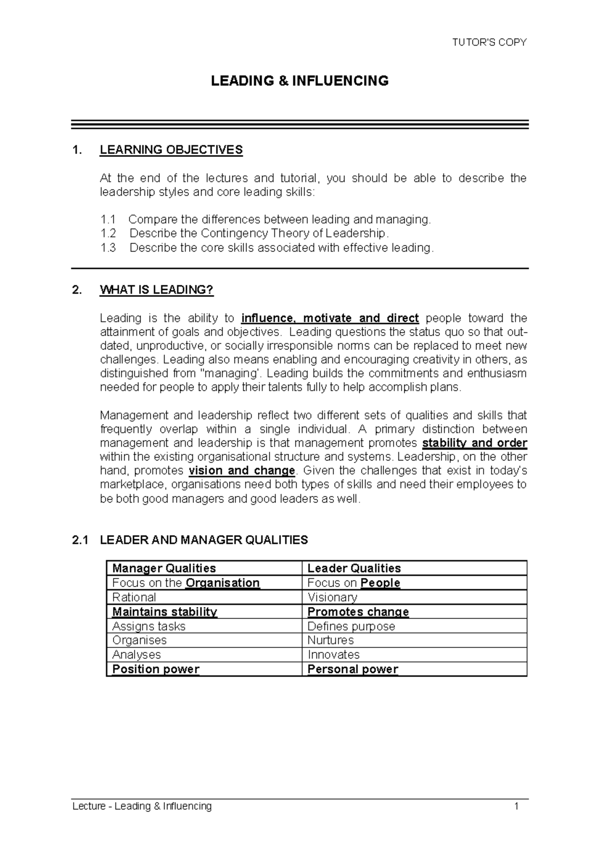 7. Leading & Influencing Student 1 - LEADING & INFLUENCING 1. LEARNING ...