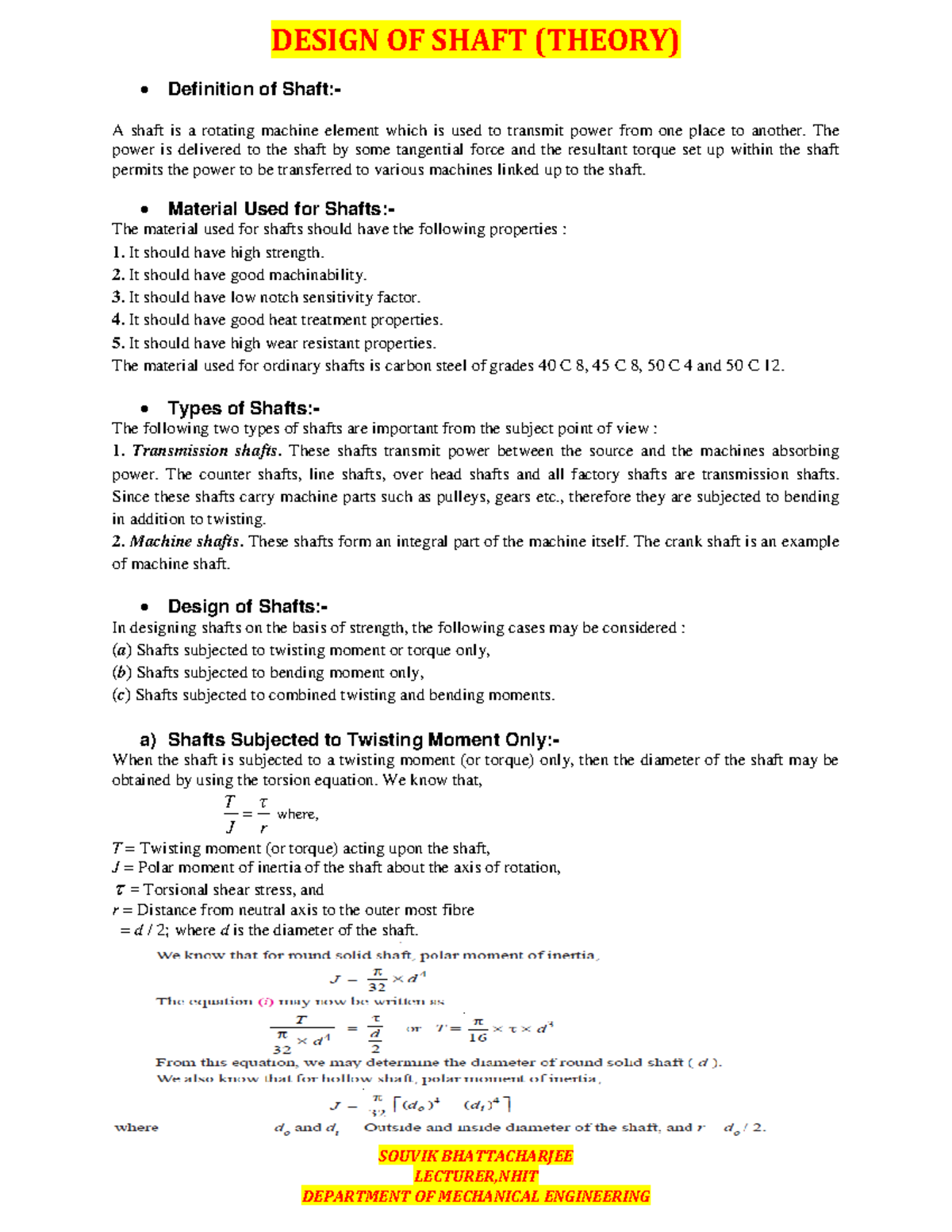 Shaft Design Notes - SOUVIK BHATTACHARJEE LECTURER,NHIT Definition of ...