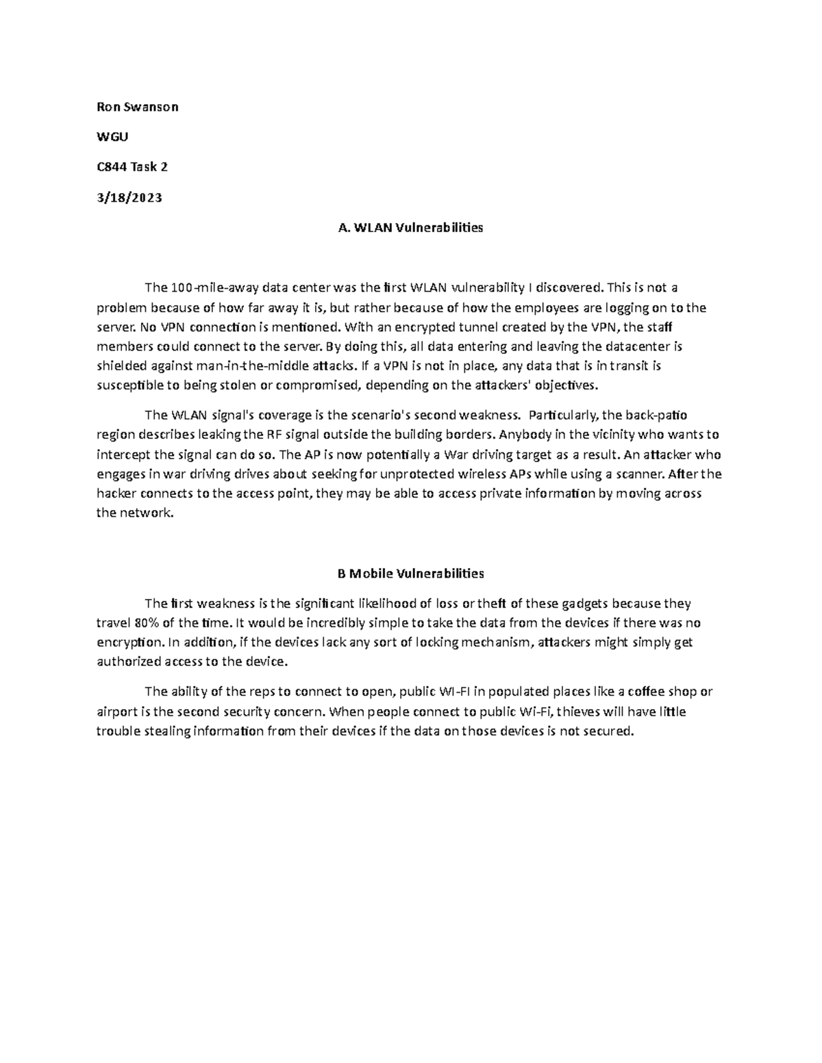 C844 Task 2 - task 2 - Ron Swanson WGU C844 Task 2 3/18/ A. WLAN ...