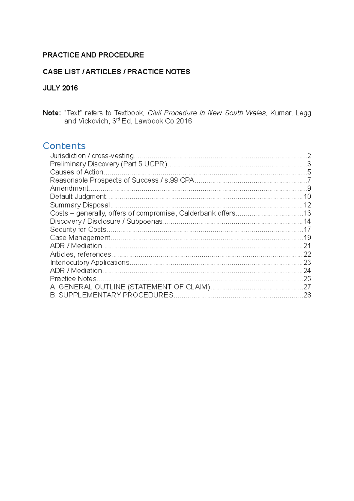 Practice Procedure - Case list, articles, practice notes & general ...
